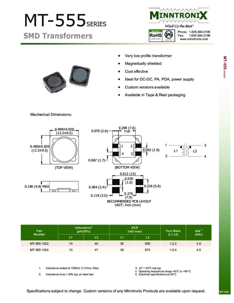 MT-555 – Minntronix – Transformers, Inductors, Coils